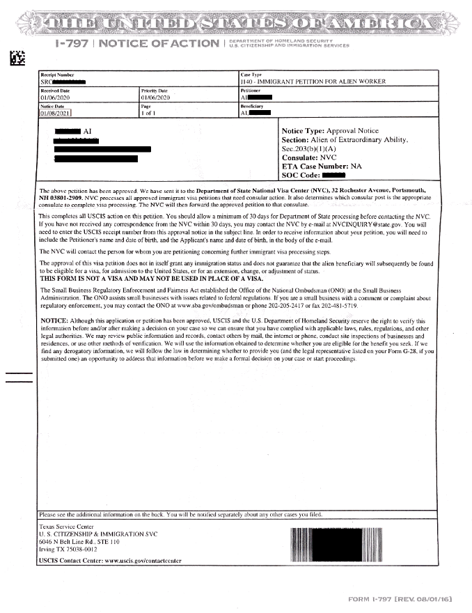 【美国杰出人才EB1-A】恭喜人力资源行业艾女士于2020年12月移民申请获批 - 我的网站
